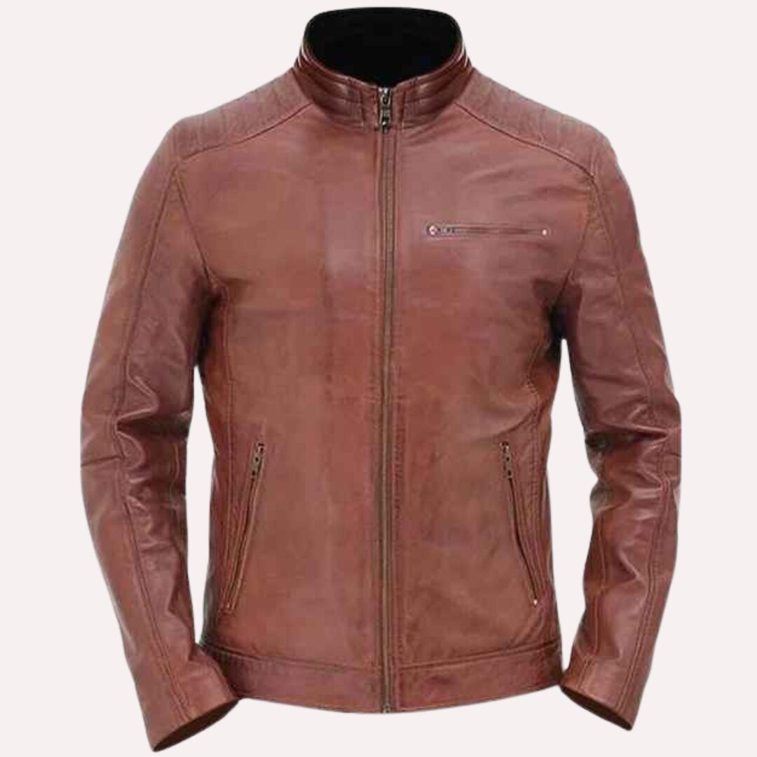 Men's Cafe Racer Brown Leather Jacket Genuine High End-finish Long Sleeve Zipper Slim Fit Real ...
