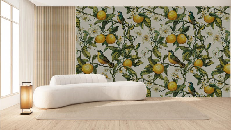 Vintage Botanical Bird & Lemon Wallpaper - Peel and Stick Wall Mural - Etsy