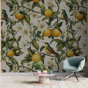 Vintage Botanical Bird & Lemon Wallpaper - Peel and Stick Wall Mural - Etsy