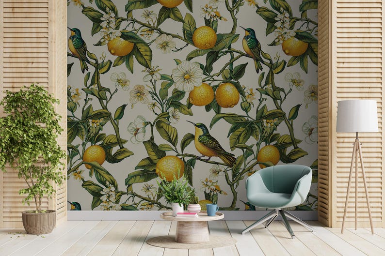 Vintage Botanical Bird & Lemon Wallpaper - Peel and Stick Wall Mural - Etsy