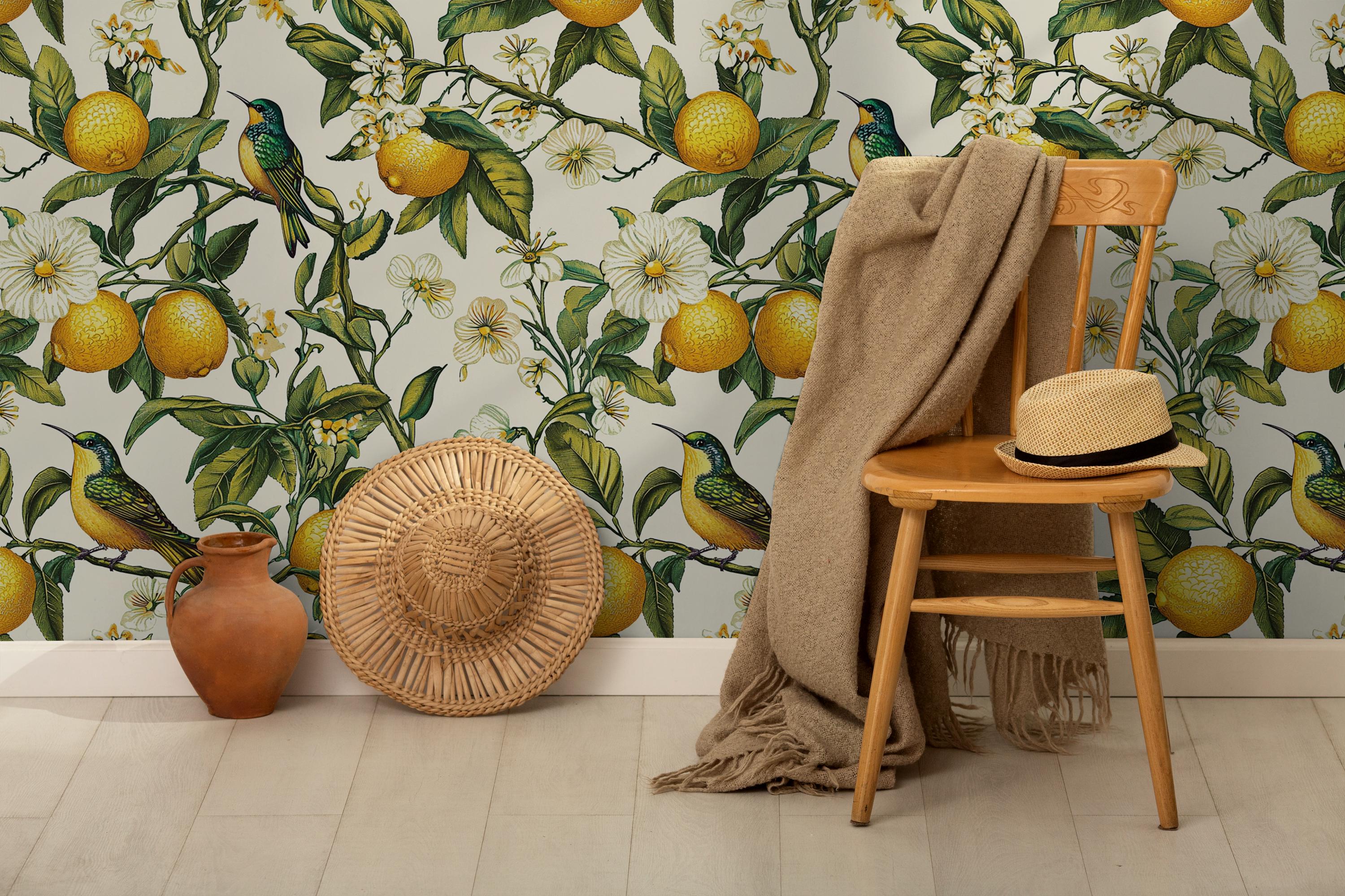 Vintage Botanical Bird & Lemon Wallpaper - Peel and Stick Wall Mural - Etsy