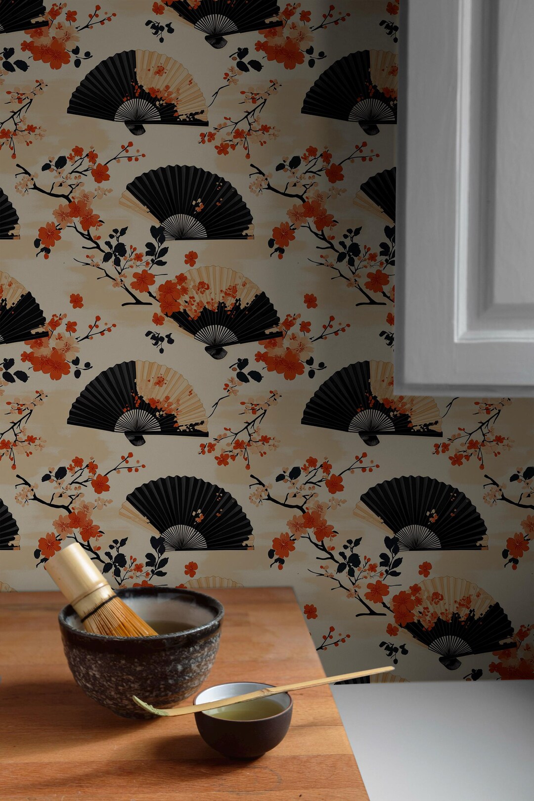 Japanese Fan & Cherry Blossom Wallpaper - Elegant Asian Inspired Peel ...