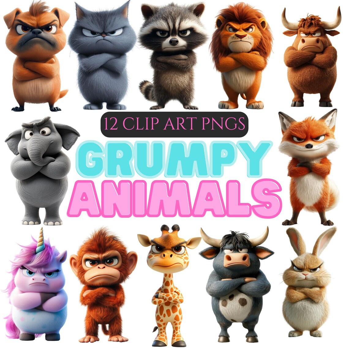 Funny Grumpy Animals Collection Clipart, 12 PNG Funny Grumpy Animals ...