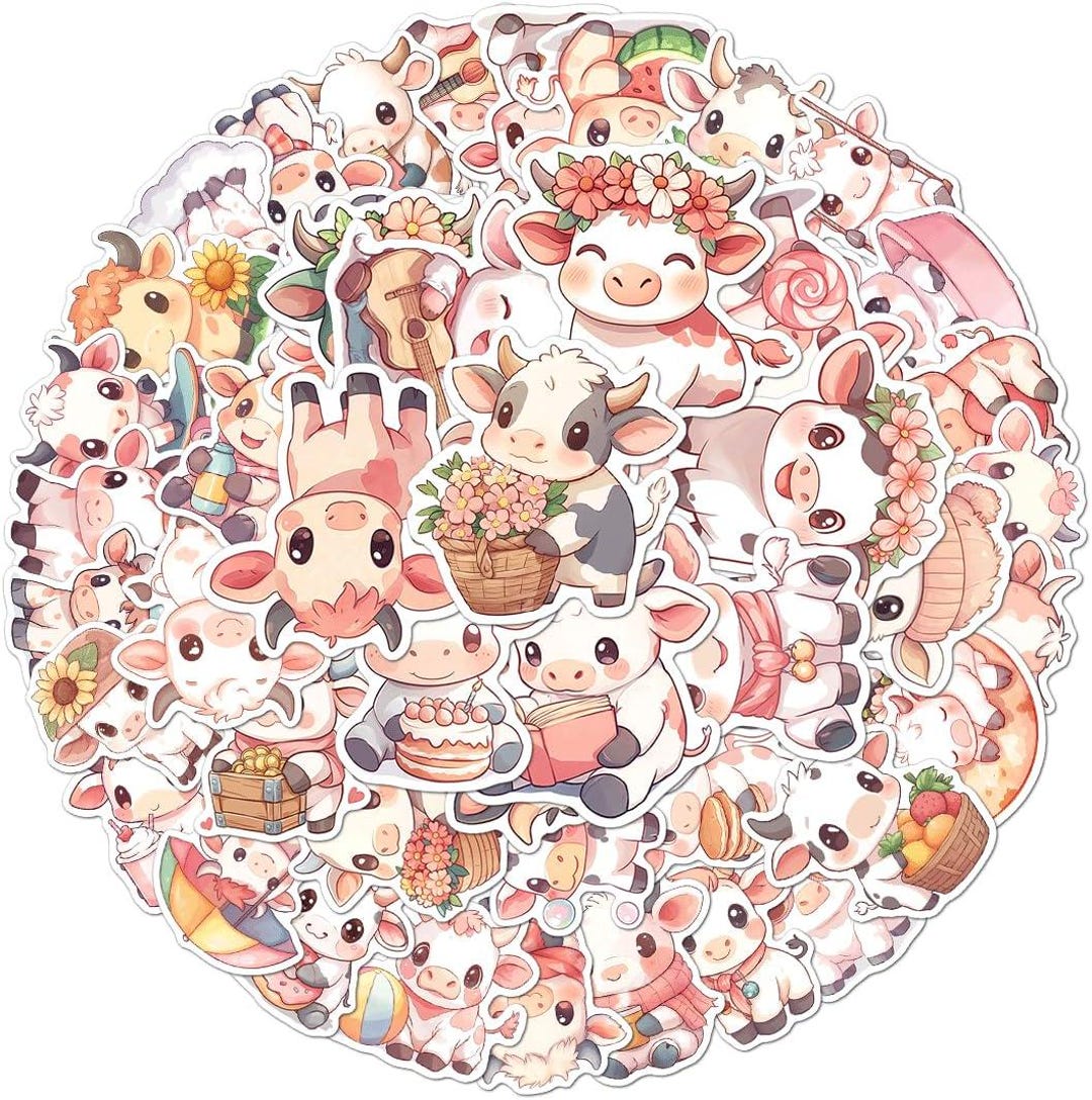 Pack 50 Pcs Cute Pinky Dairy Cow Stickers, Ice Cream Cow Sticker Set ...