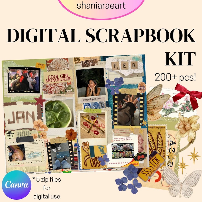 Vintage Digital Scrapbook Kit: 202+ Pngs, Junk Journal Style (canva) - Etsy