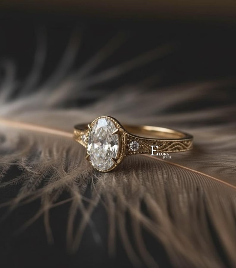 Oval Cut Milgrain Bezel Set Ring, Three Stone Diamond Ring, Art Deco ...