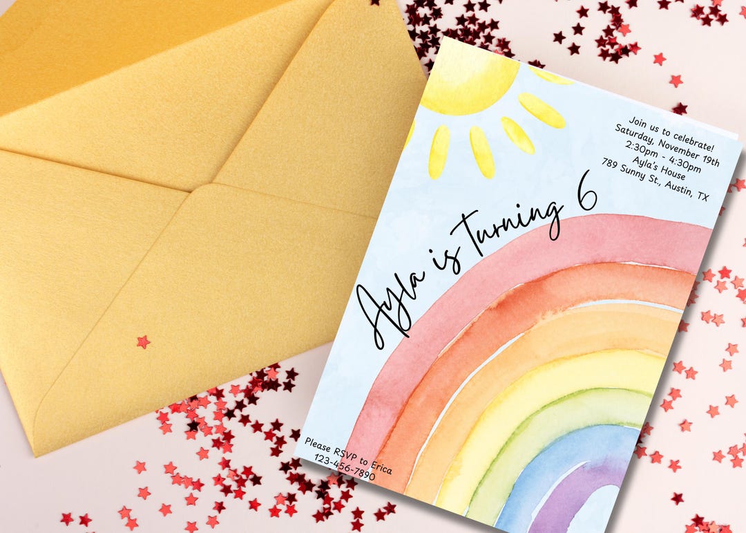 Sunshine and Rainbow Birthday Invitation (digital or Print) - Etsy