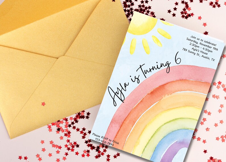 Sunshine and Rainbow Birthday Invitation (digital or Print) - Etsy