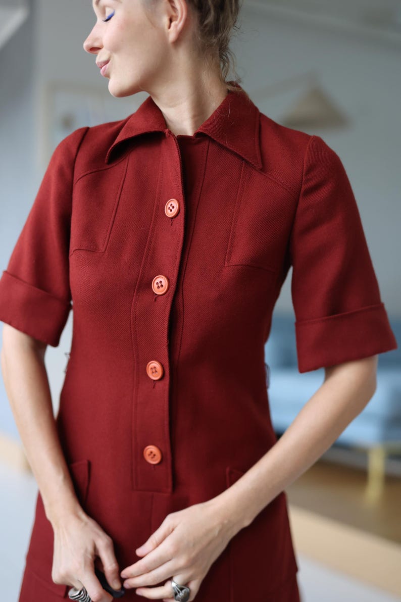 70s Vintage Brick Red Wool Short Sleeve Winter Midi Dress - Etsy
