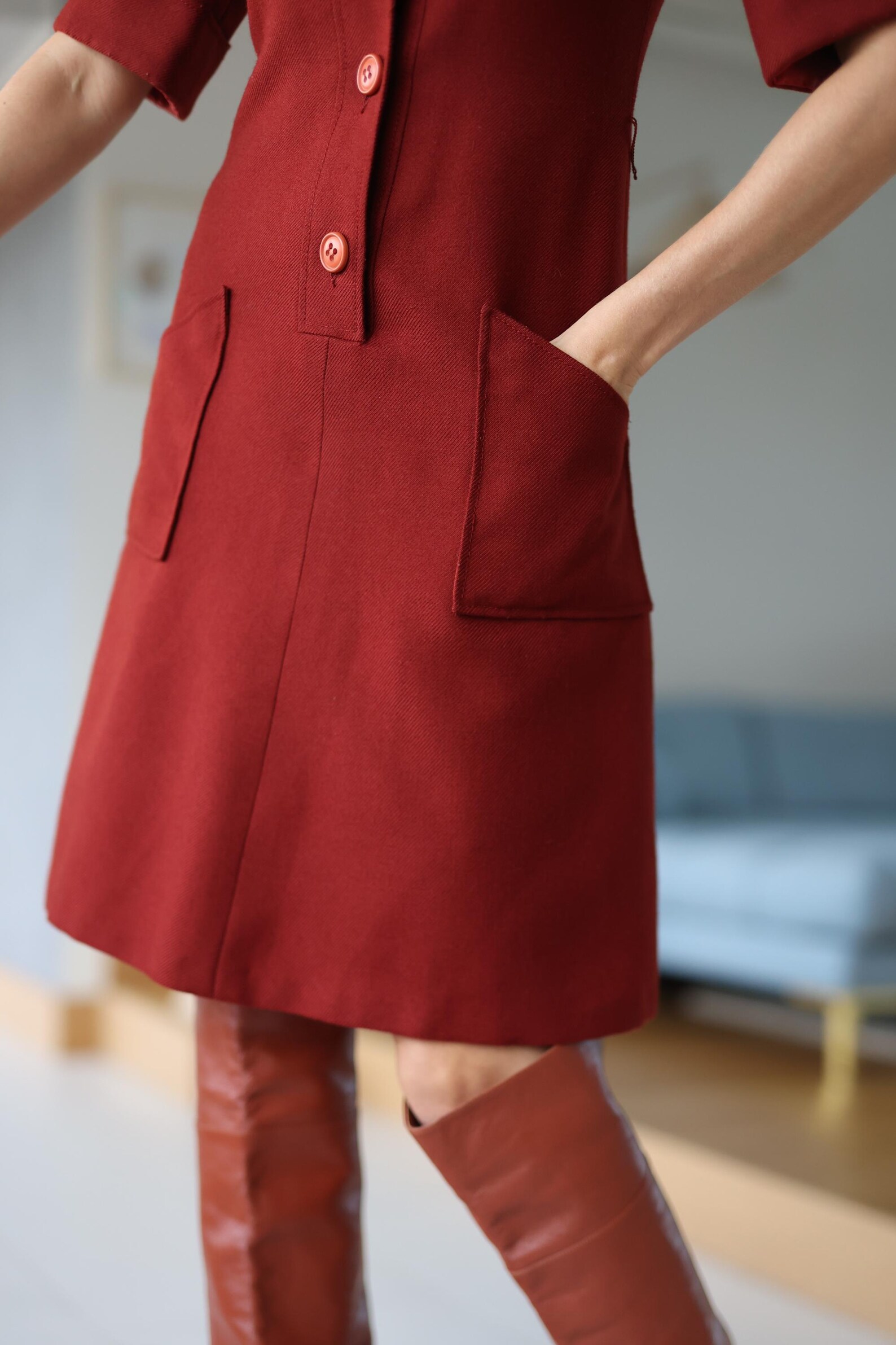 70s Vintage Brick Red Wool Short Sleeve Winter Midi Dress - Etsy
