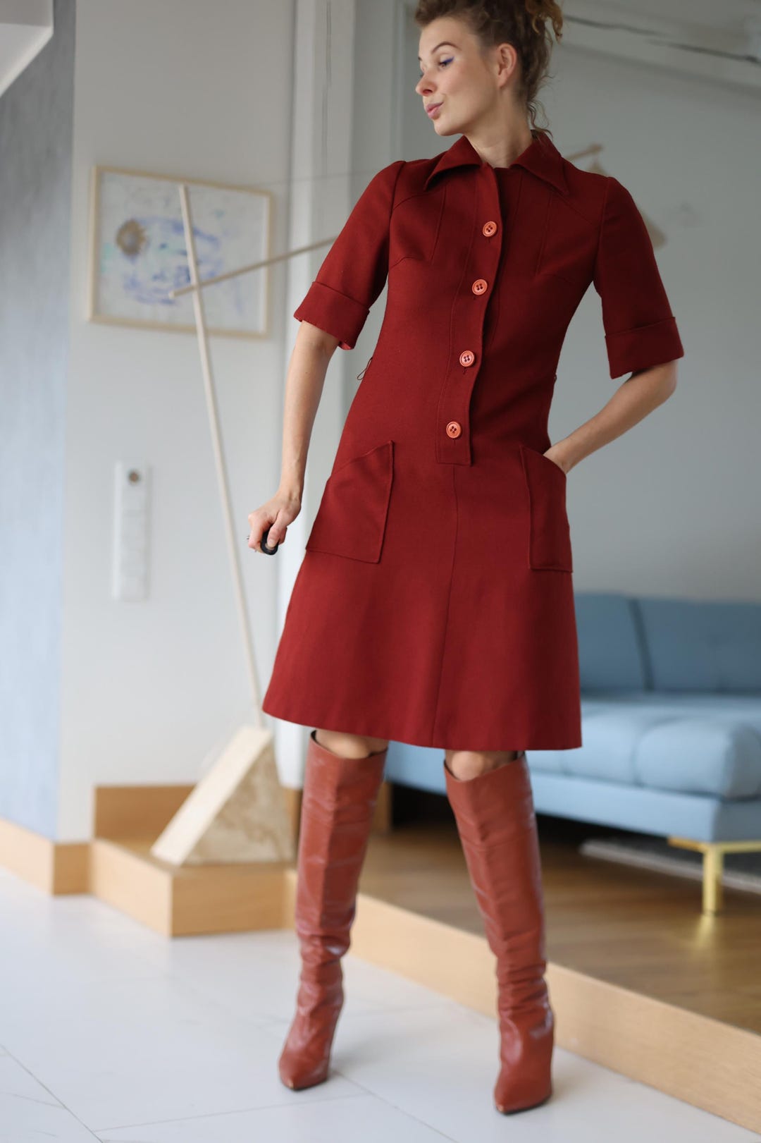 70s Vintage Brick Red Wool Short Sleeve Winter Midi Dress - Etsy