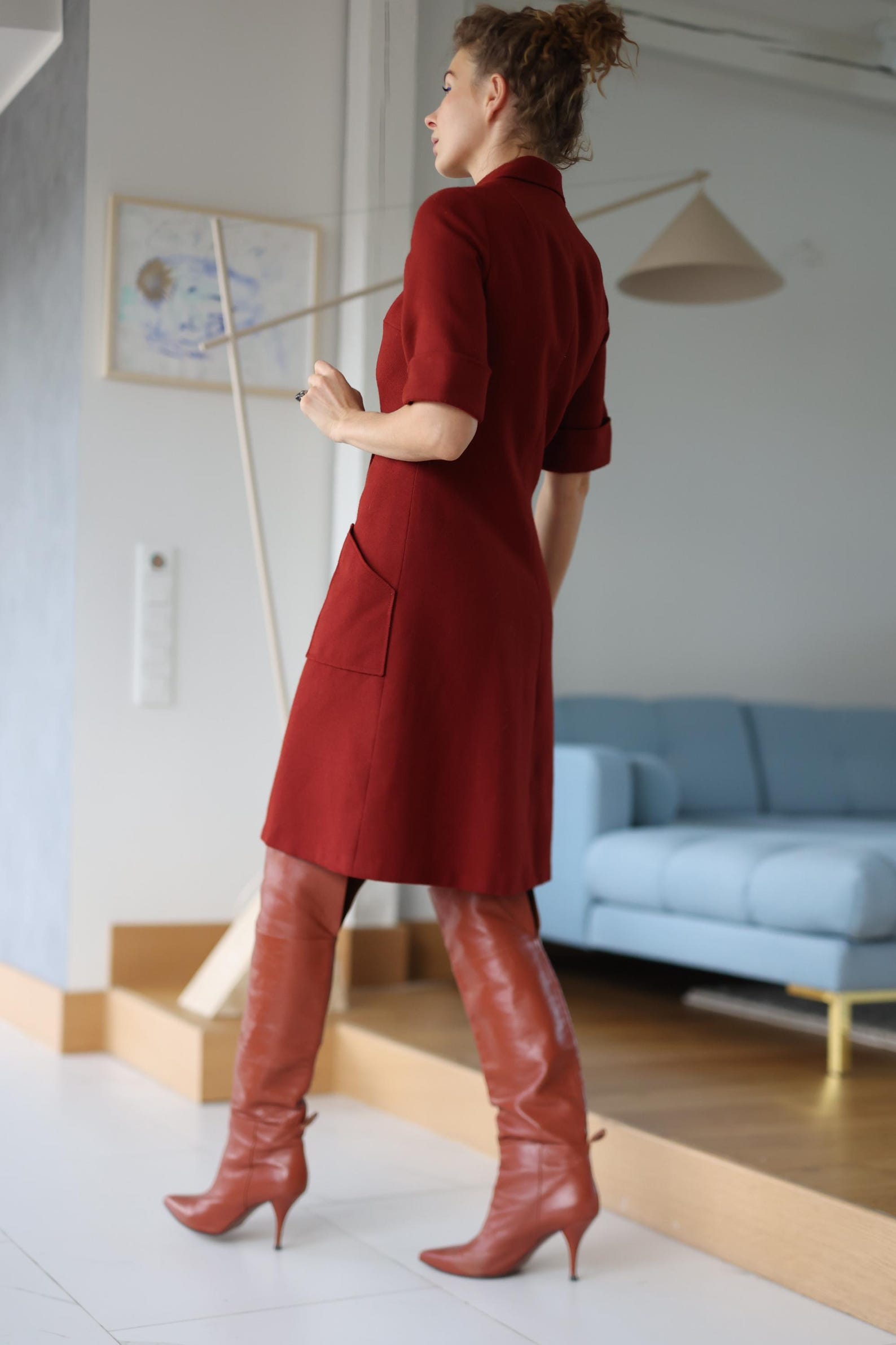 70s Vintage Brick Red Wool Short Sleeve Winter Midi Dress - Etsy