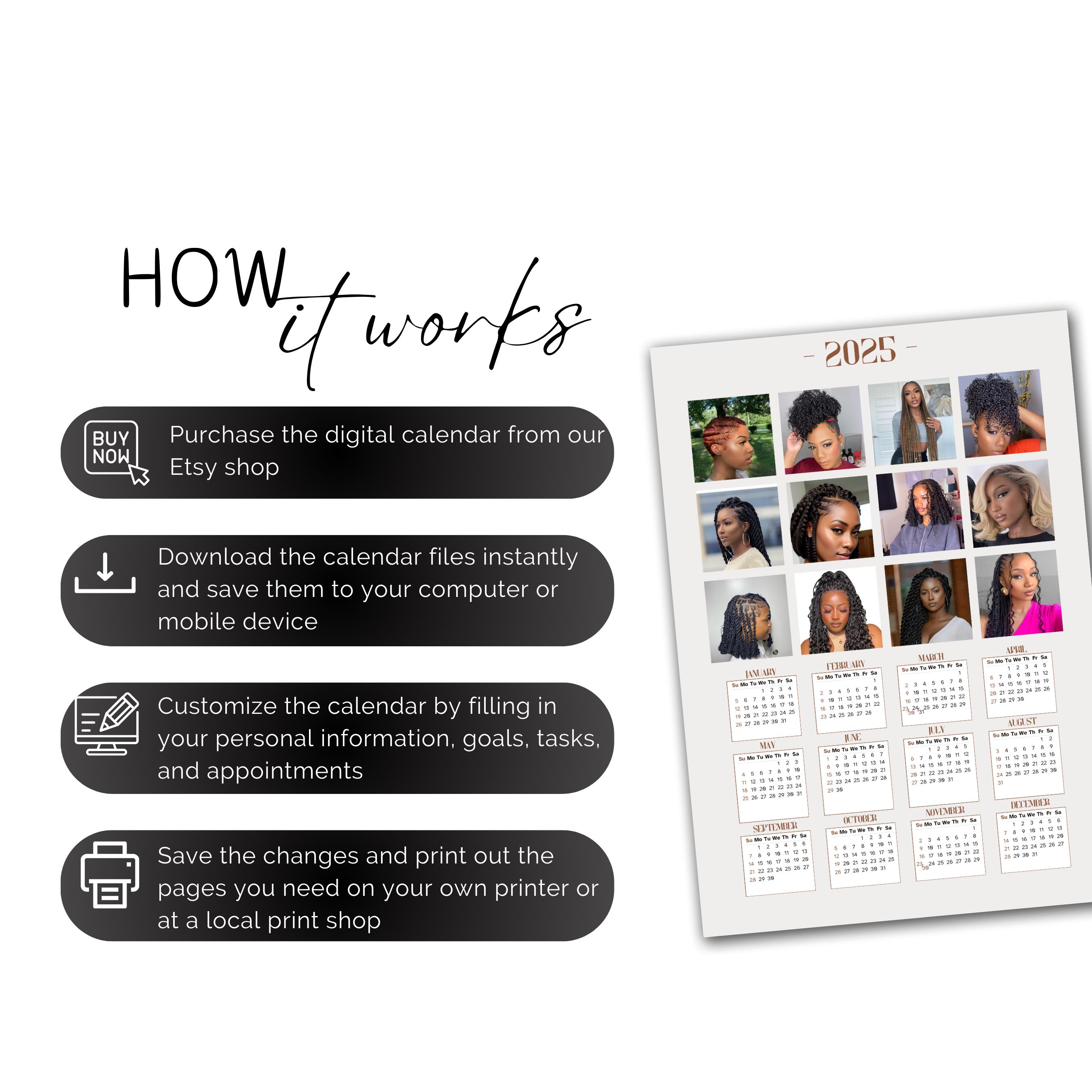 2025 Hairstyle Calendar, Hair Inspiration Planner, Wall Calendar, Hair ...