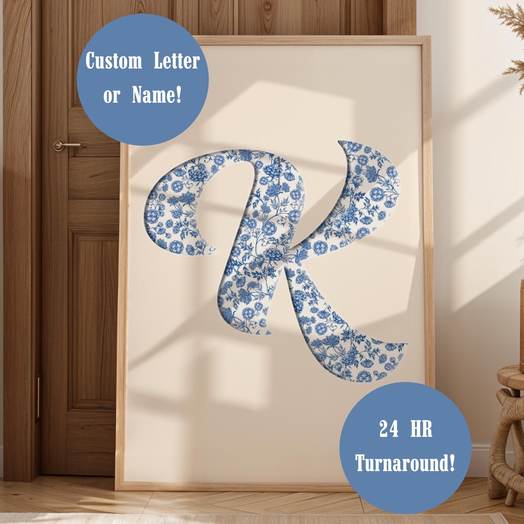 Personalized Chinoiserie Letter Print: Blue Floral Monogram (digital ...