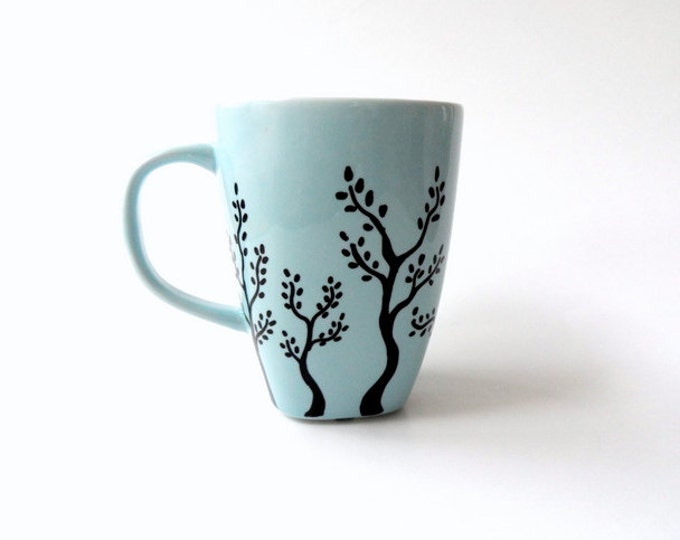 Blue Mug With Hand Illustrated Trees - Etsy
