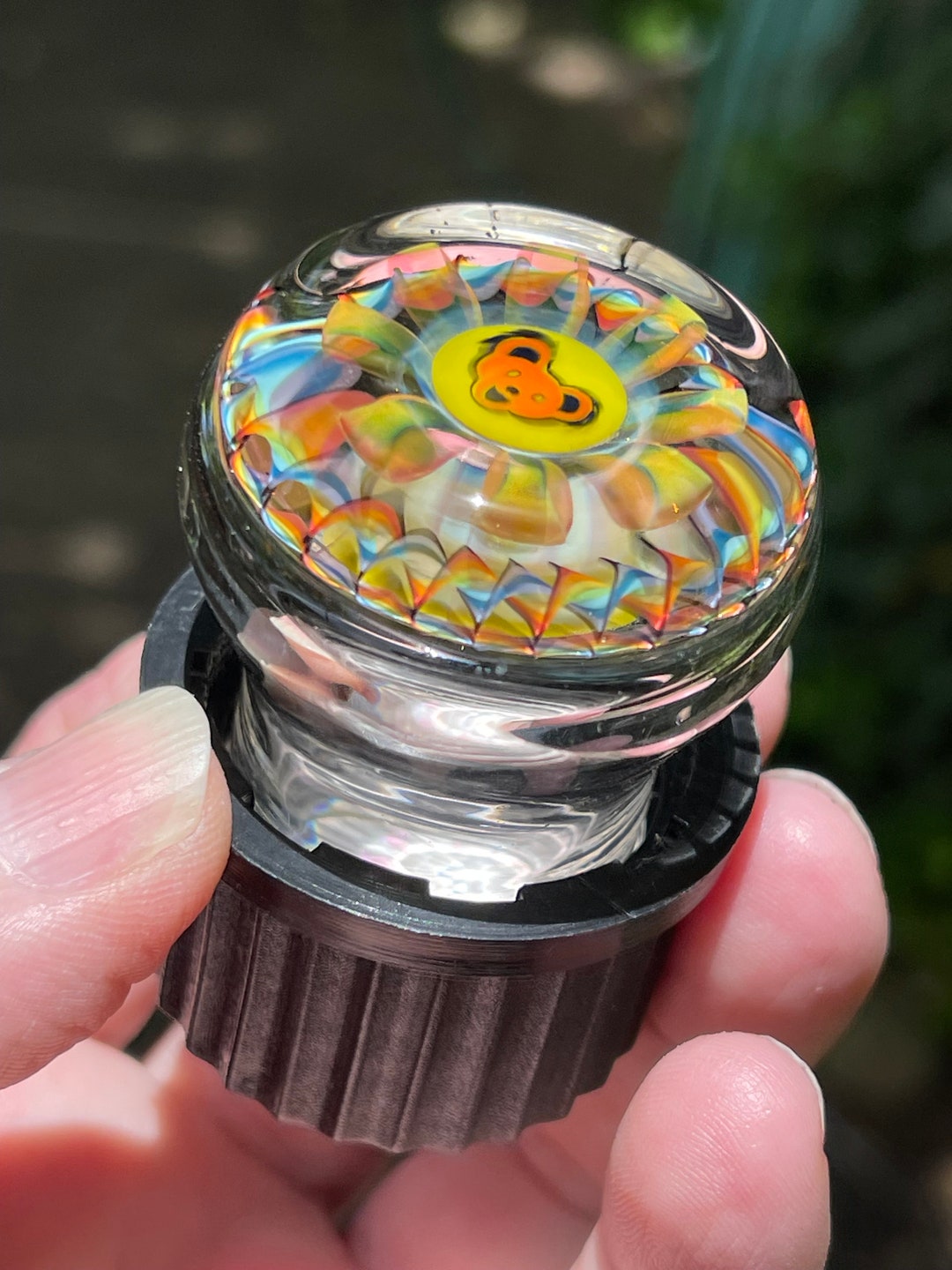 Pyrex Blown Glass Jar With Dancing Bear, Rainbow Cane, and Silver and ...