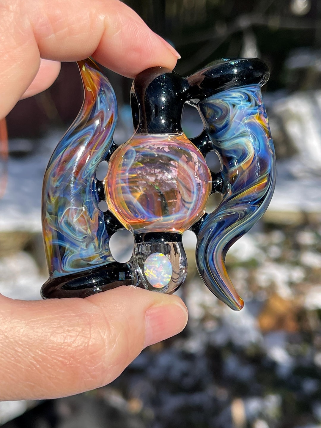 Alien Artifact Glass Necklace Pendant With Fumed Vortex Marble Centerpiece and Gilson Opal ...