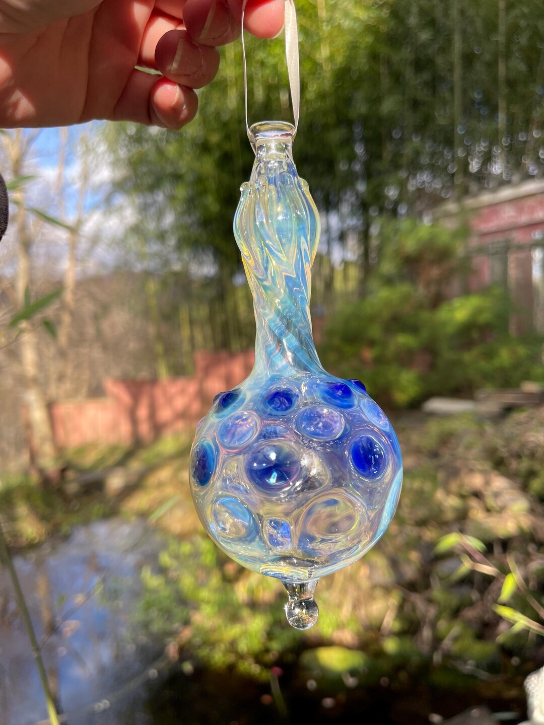 Blown Glass Ornament ... Silver Fumed Hobnail With Cobalt Blue Dots ...