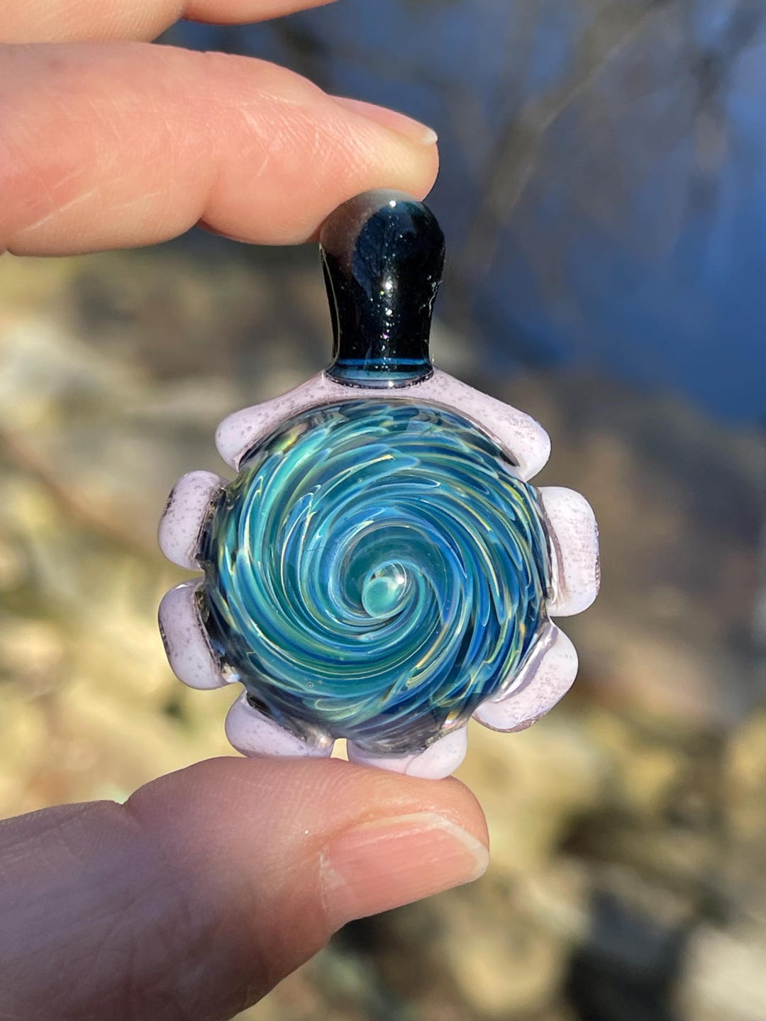 Spiral Cut Medallion, Pyrex Glass Necklace Pendant, in Blue and Pink ...