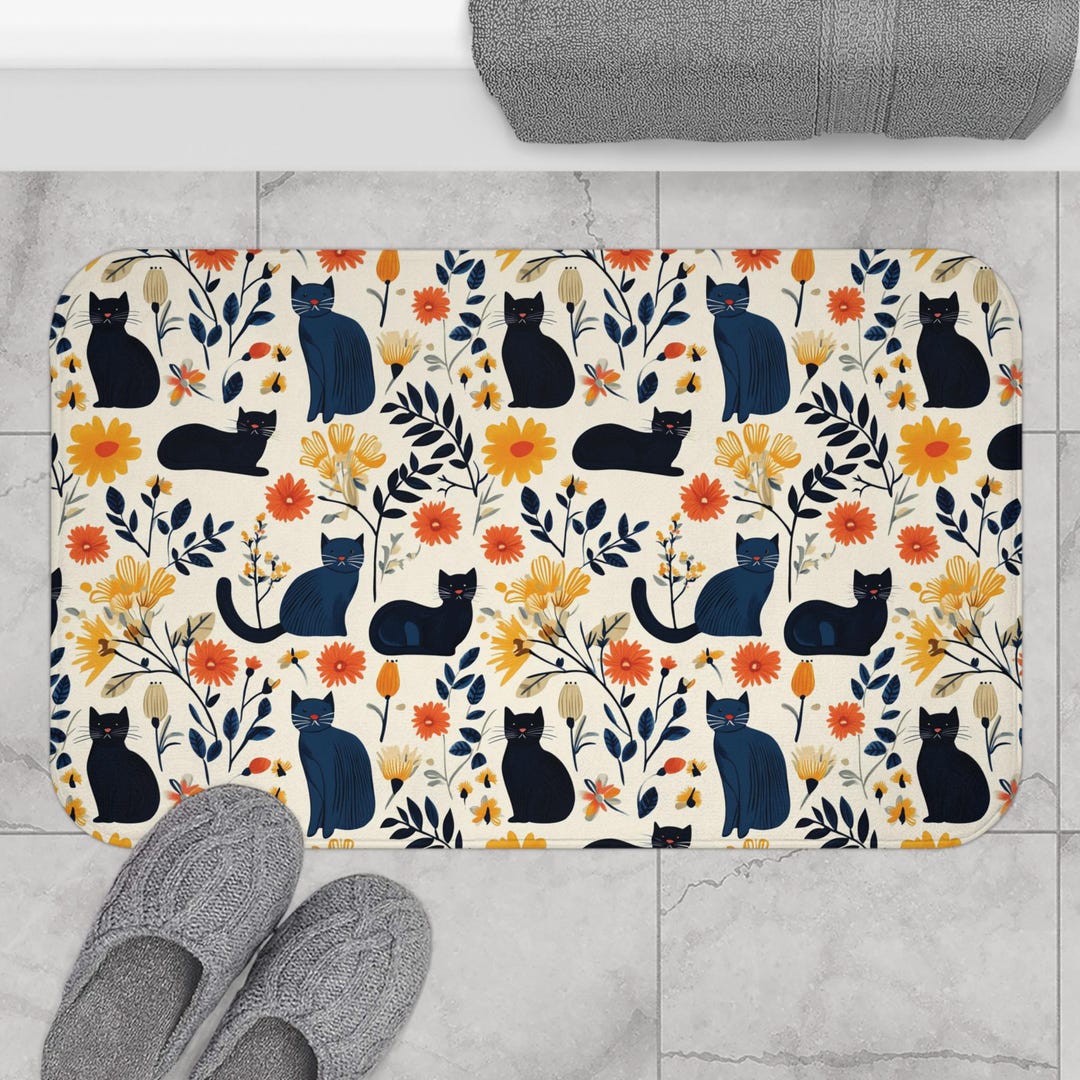 Mid-century Modern Cats Bath Mat, Cat Lover Bathroom Rug, Colorful Cat ...