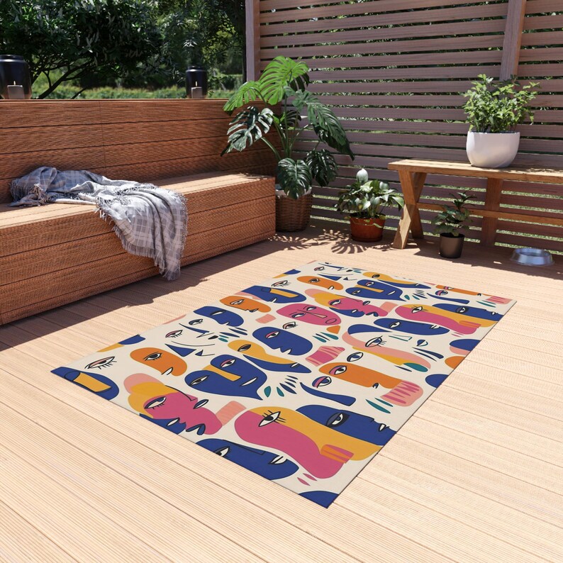 Abstract Faces Outdoor Rug, Modern Home Decor, Patio Decor, Garden Rug ...