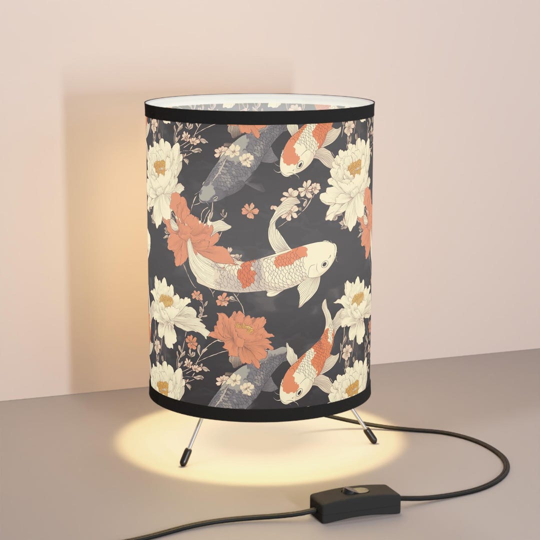 Japanese Koi Pattern Tripod Lamp, Asian Print Cylinder Light Fixture ...