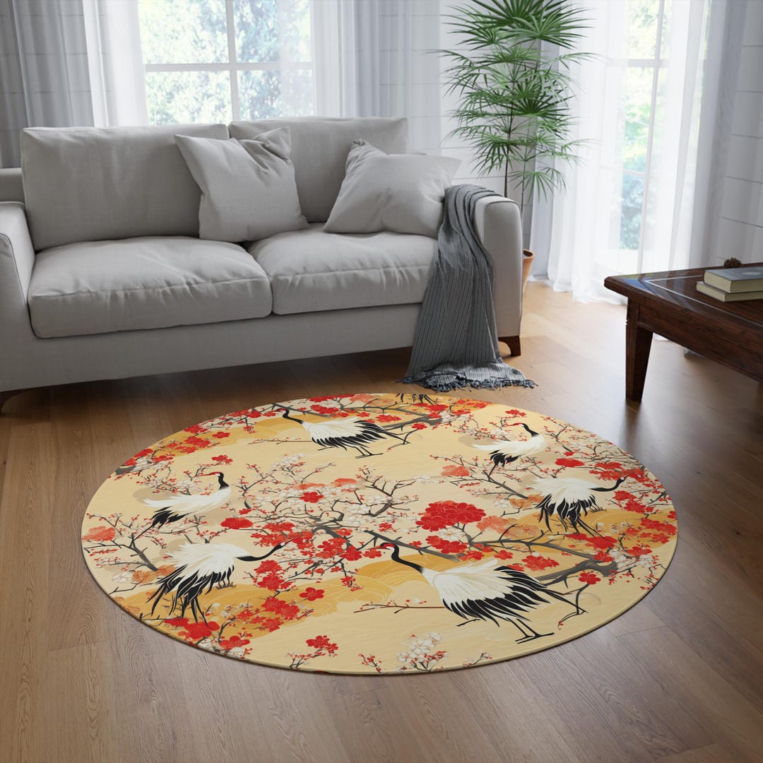 Japanese Crane Round Rug - Oriental Area Rug, Home Decor Carpet, Asian ...