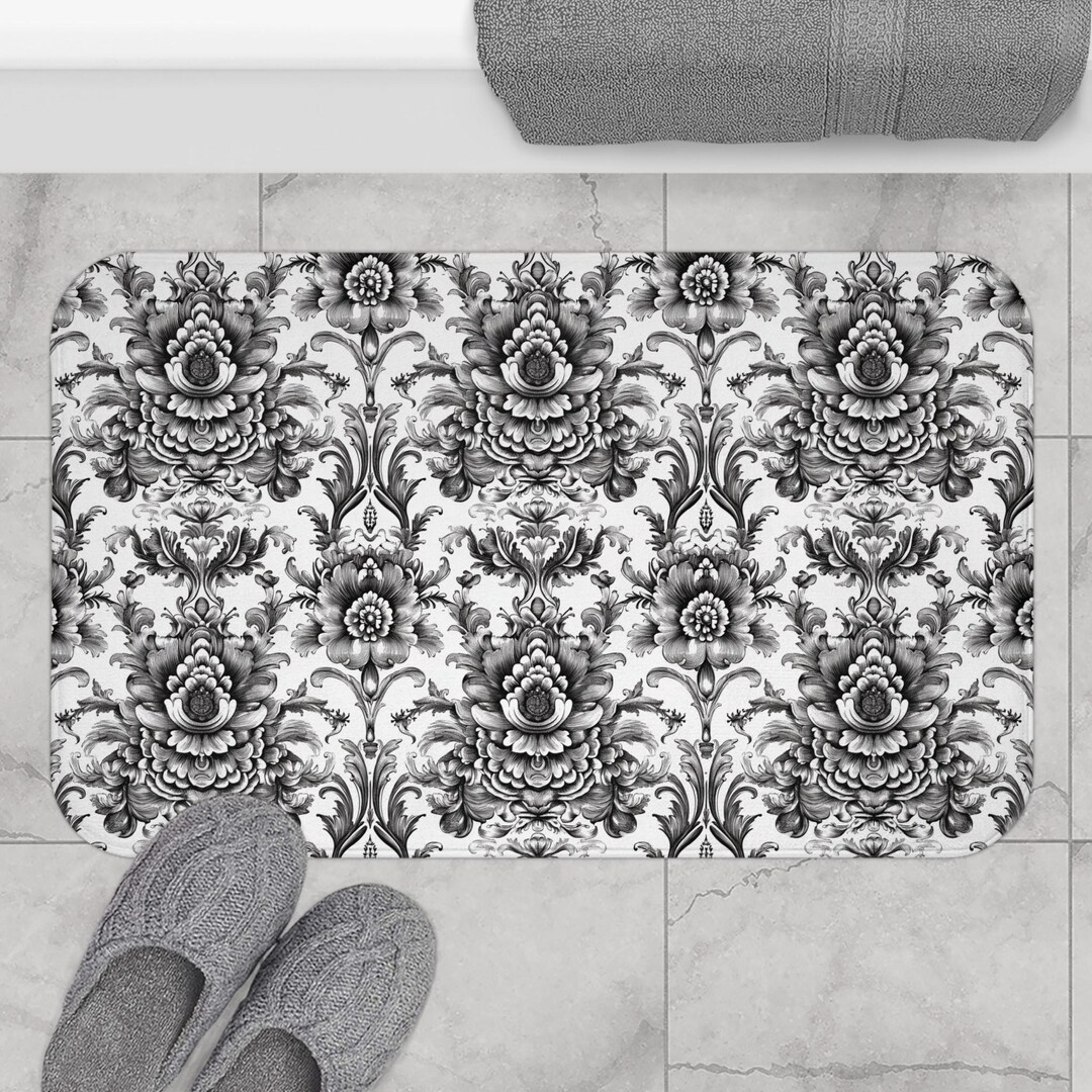 Vintage Floral Bath Mat - Black White Pattern, Bathroom Rug, Shower Mat ...