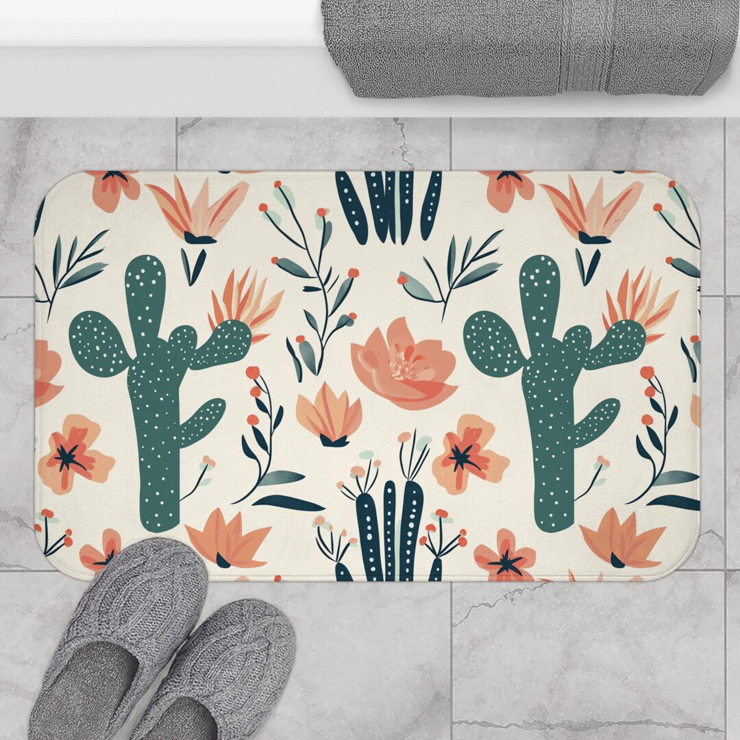 Boho Cactus Bath Mat - Succulent Bathroom Rug, Pastel Shower Decor ...