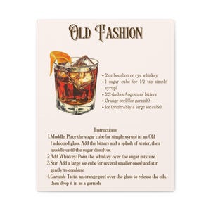 Old Fashion Recipe Matte Canvas, Vintage Cocktail Recipe Wall Decor ...
