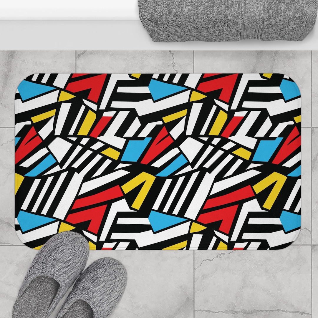 Pop Art Bath Mat, Colorful Retro Bathroom Rug, Bright Geometric Design ...