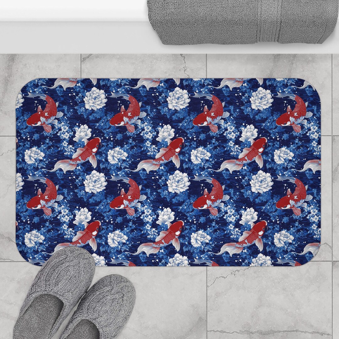 Japanese Koi Bath Mat - Blue and Gold Fish Pattern, Bathroom Rug ...