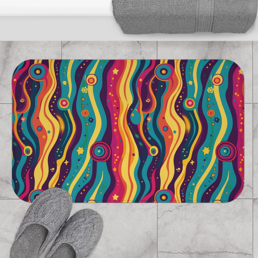 Psychedelic Bath Mat, Colorful Retro Bathroom Rug, Bright Shower Mat ...