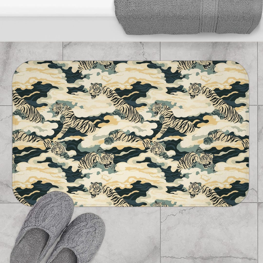 Japanese Tiger Bath Mat, Asian Print Bathroom Rug, Bright Tiger Design ...