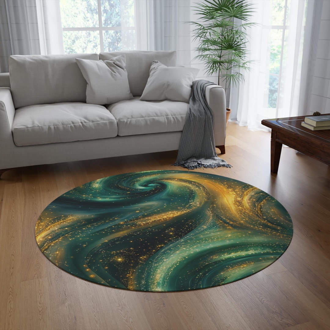 Cosmic Green and Gold Round Rug, Circular Carpet, Space Area Rug ...