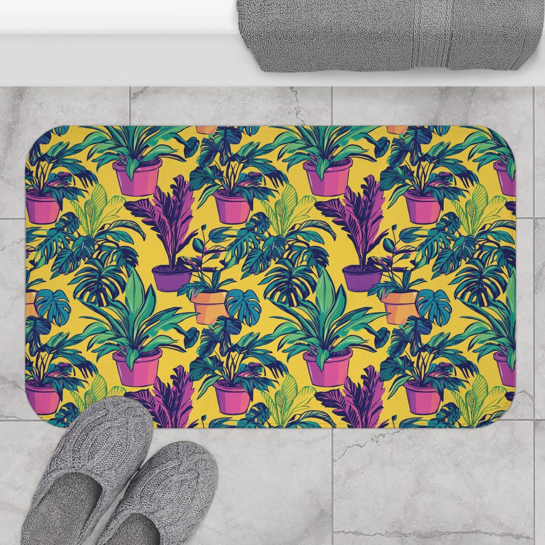 Pop Art Plants Bath Mat, Colorful Trendy Bathroom Rug, Bright Design ...