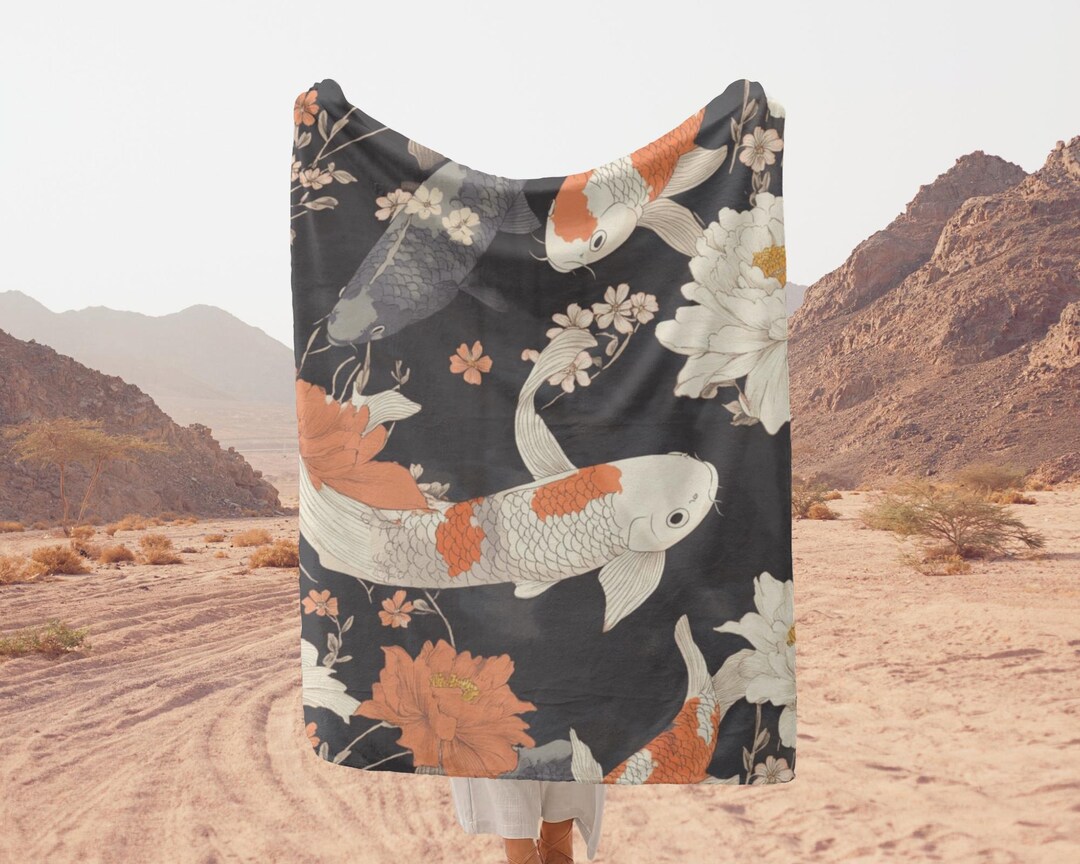 Japanese Koi Velveteen Plush Blanket, Cozy Modern Bedding, Soft Blankie ...