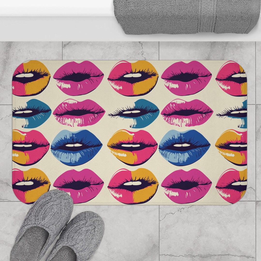 Pop Art Lip Pattern Bath Mat, Colorful Retro Bathroom Rug, Bright Lip ...