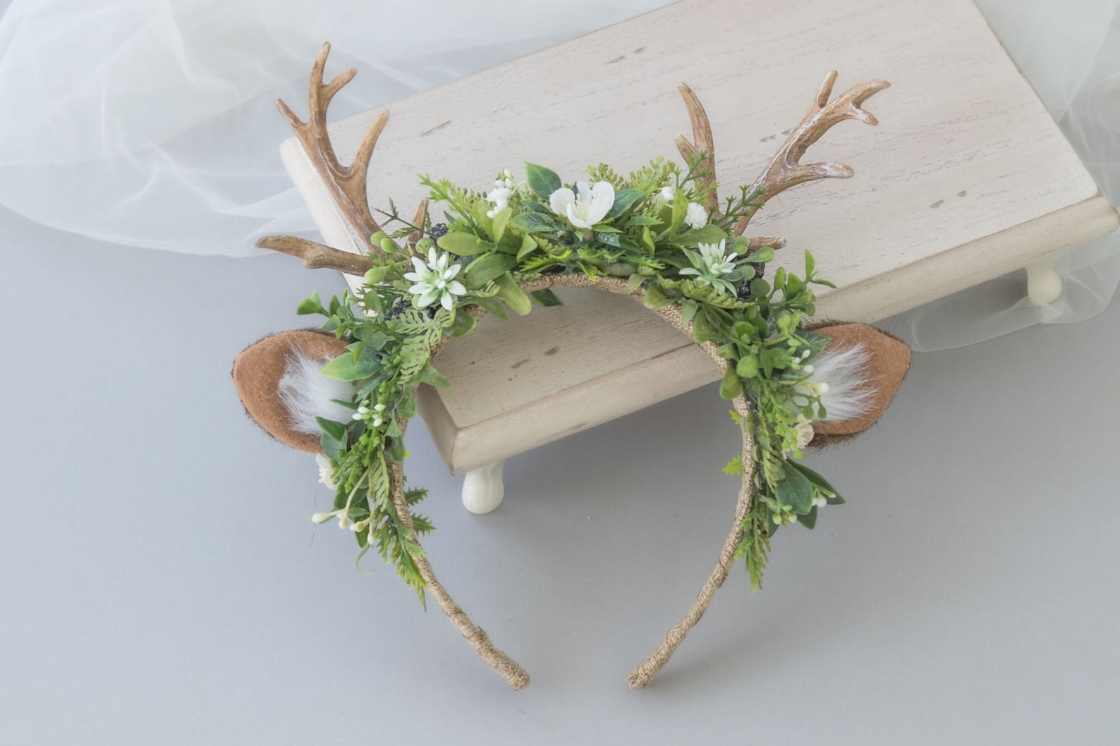 Antler Headband, Rustic Greenery Flower Headband, Artificial Fur Ears ...