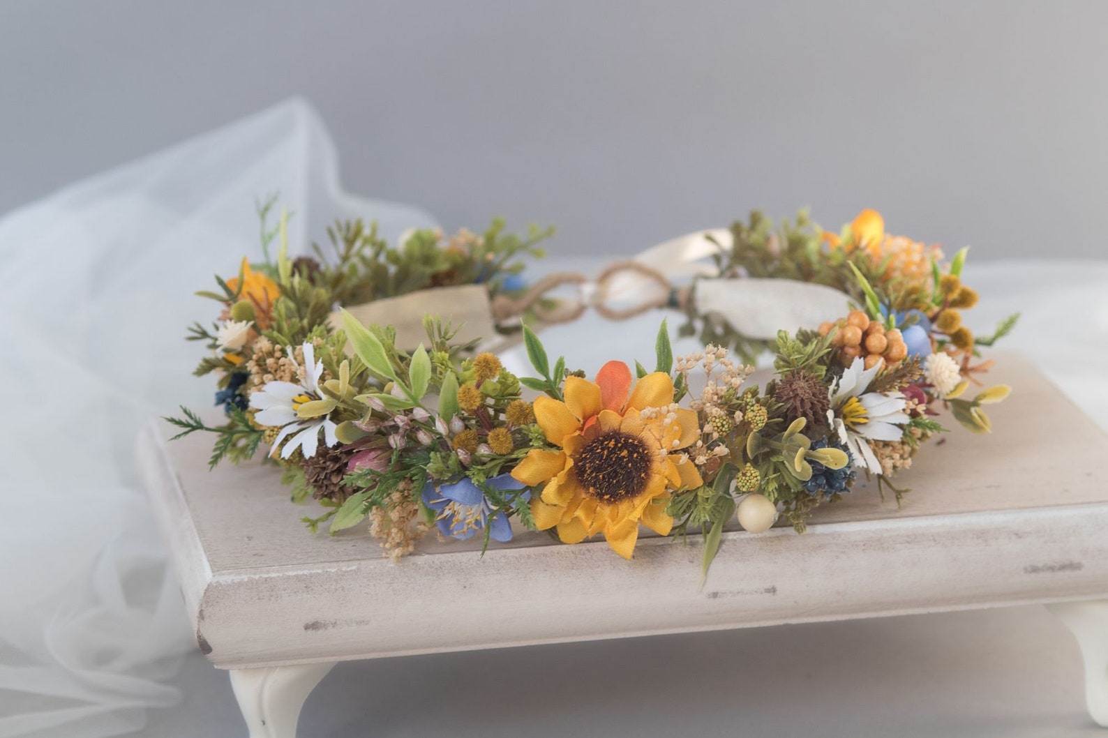 Rustic Sunflower Flower Crown, Woodland Bridal Halo, Flower Girl Hair ...