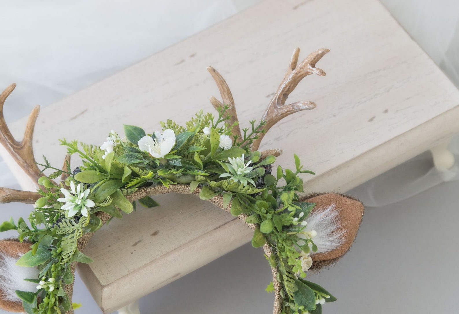 Antler Headband, Rustic Greenery Flower Headband, Artificial Fur Ears ...