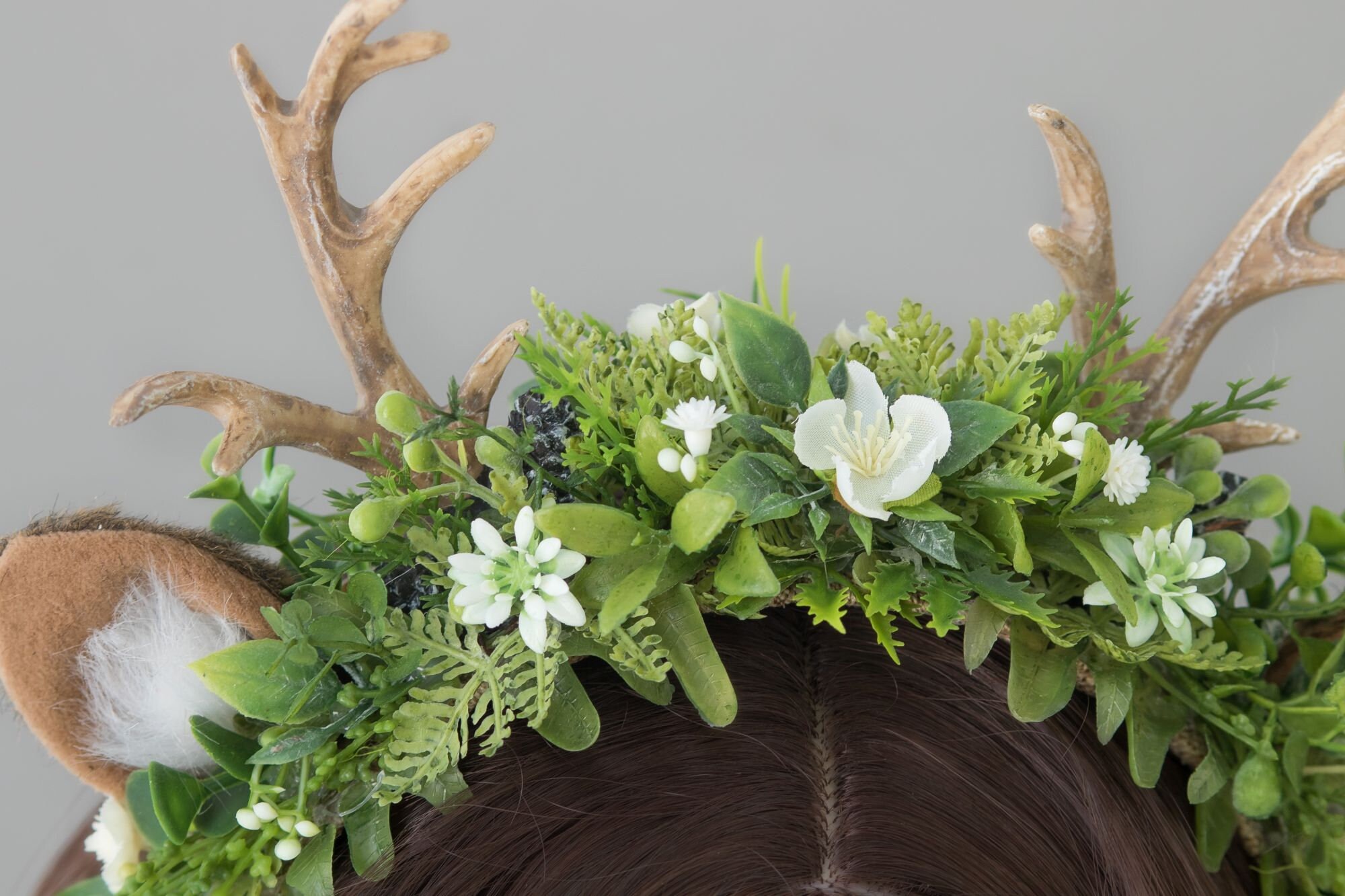Antler Headband, Rustic Greenery Flower Headband, Artificial Fur Ears ...