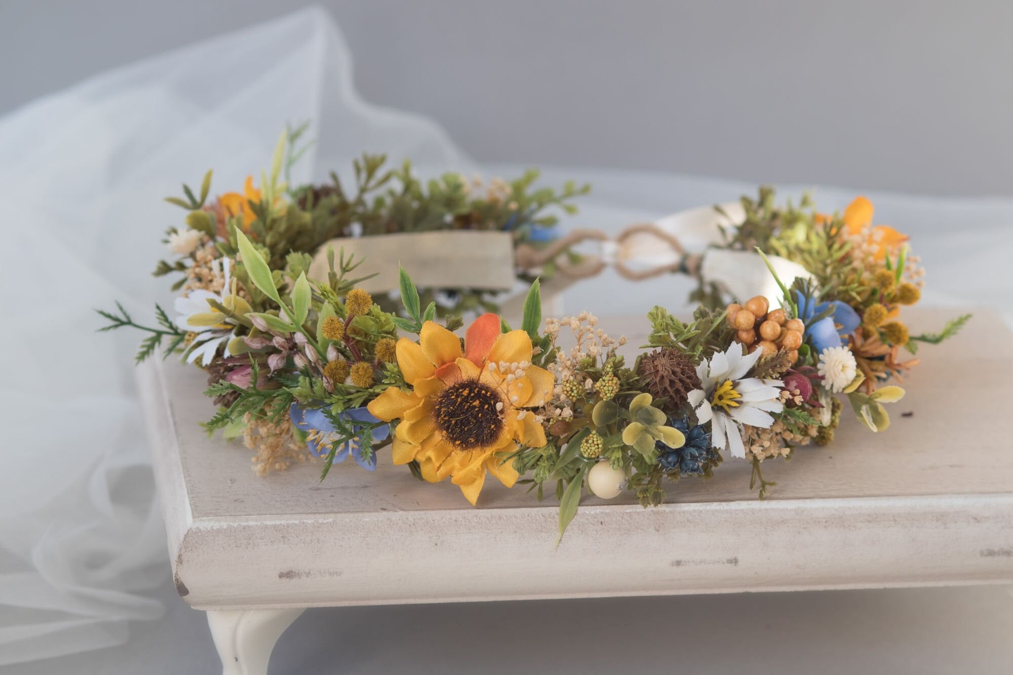 Rustic Sunflower Flower Crown, Woodland Bridal Halo, Flower Girl Hair ...