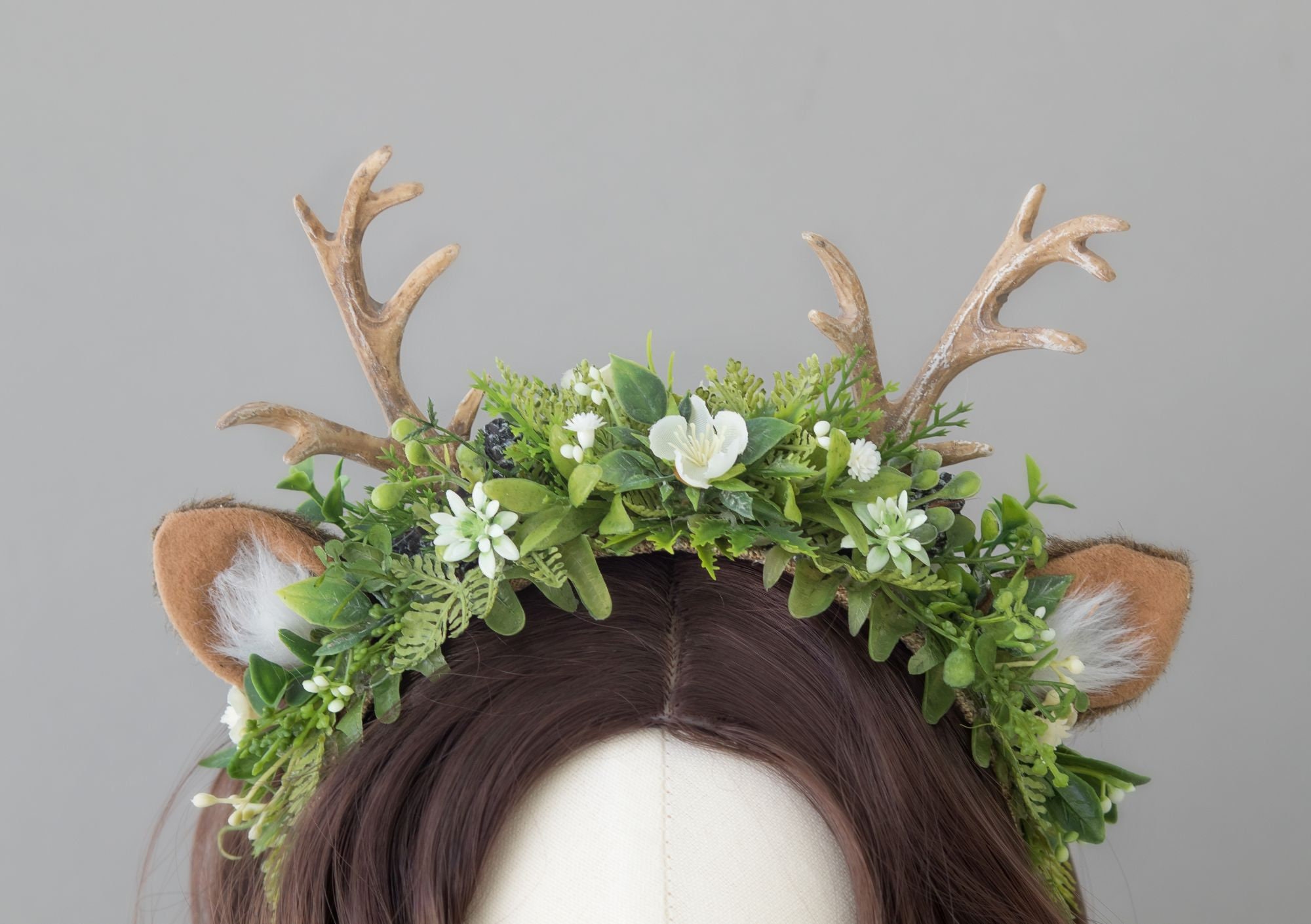 Antler Headband, Rustic Greenery Flower Headband, Artificial Fur Ears ...
