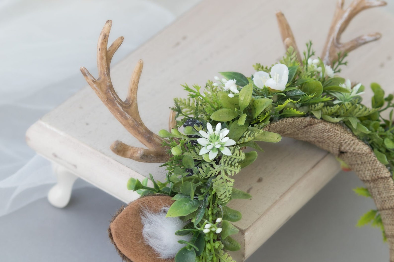 Antler Headband, Rustic Greenery Flower Headband, Artificial Fur Ears ...
