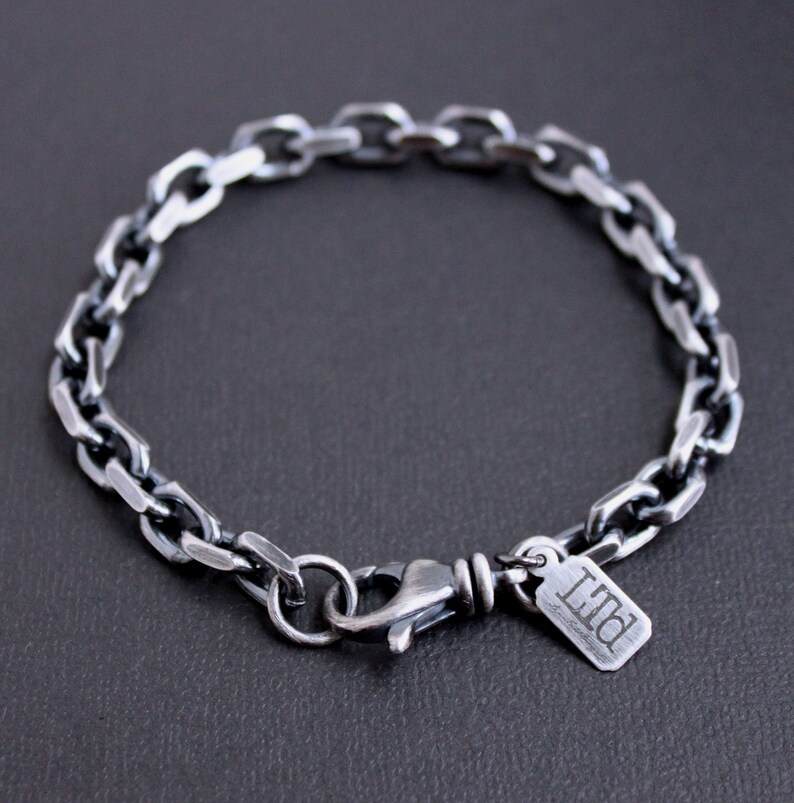Mens Thick Bevel Chain Bracelet Oxidized Sterling Silver | Etsy