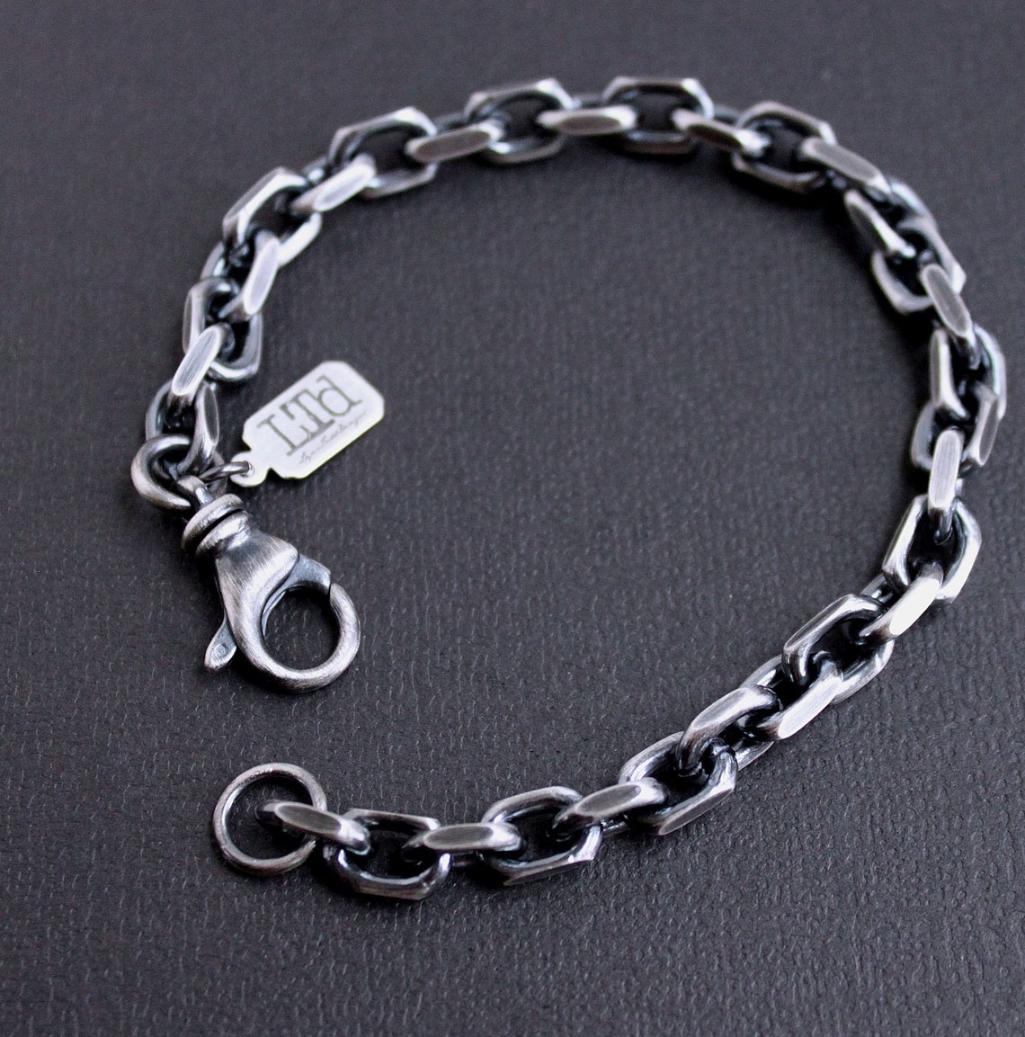 Mens Thick Bevel Chain Bracelet Oxidized Sterling Silver | Etsy