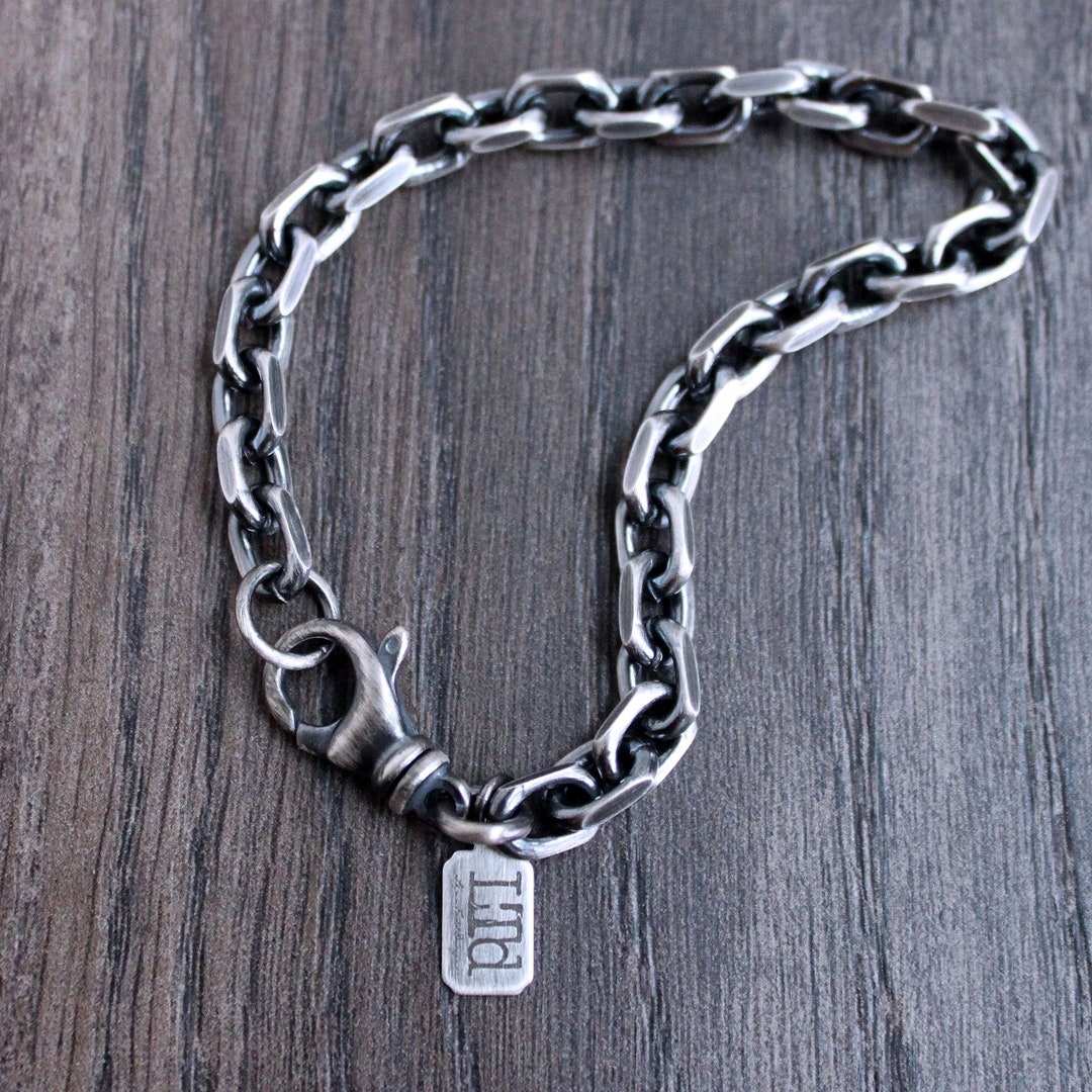 Mens Thick Bevel Chain Bracelet Oxidized Sterling Silver - Etsy