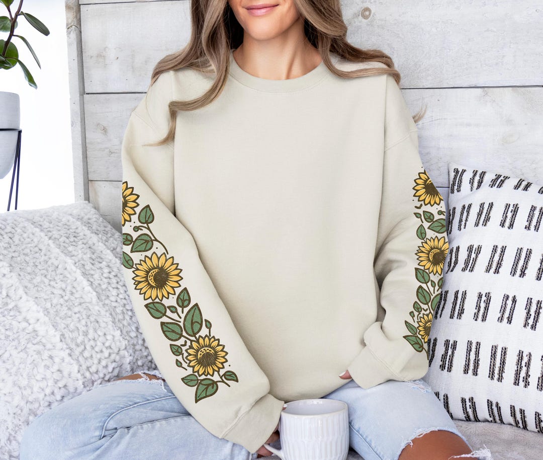 Sunflower Sleeve Print Sweatshirt, Vintage Floral Graphic, Nature Lover ...