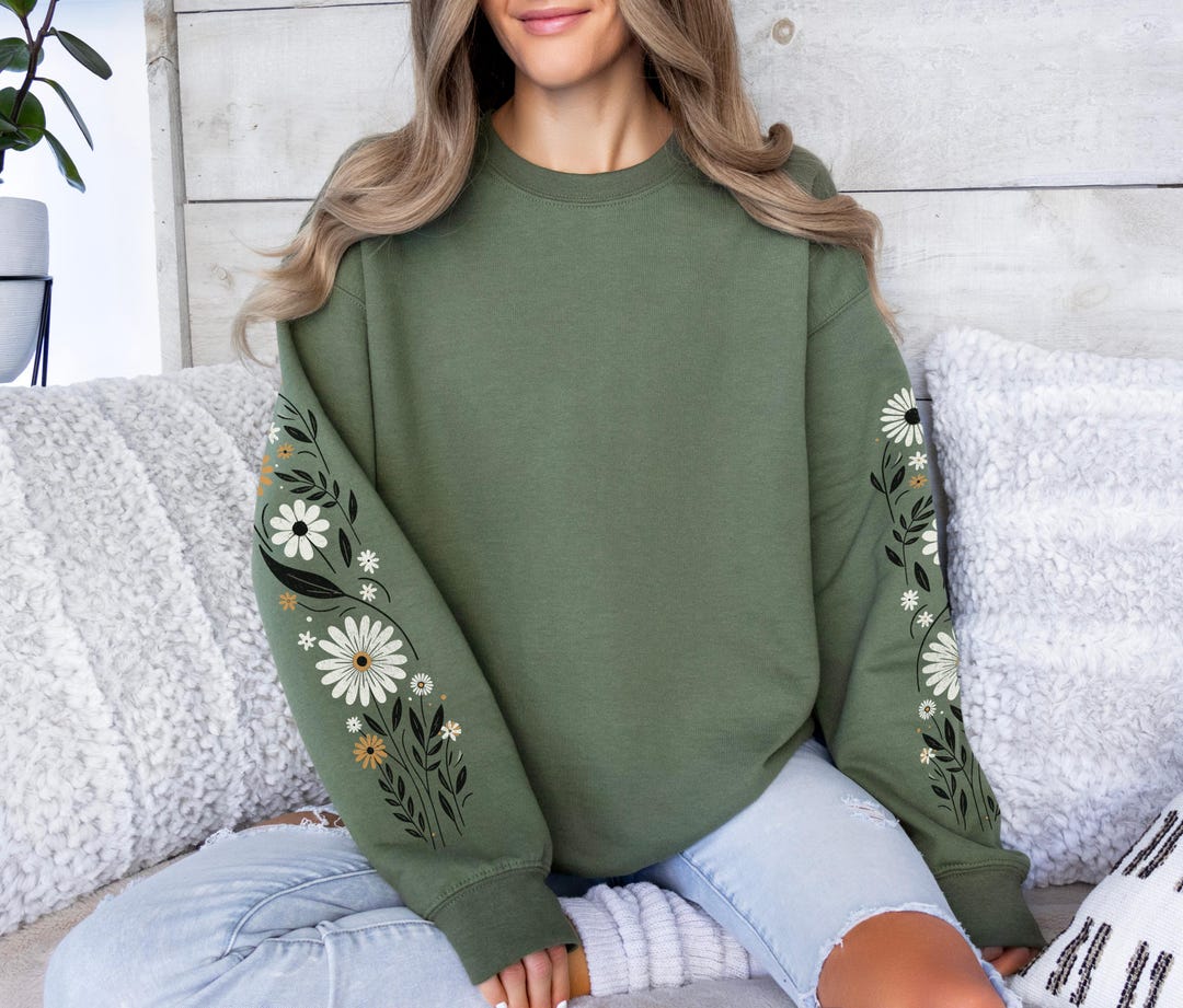 Cozy Floral Sleeve Print Sweatshirt, Wildflower Graphic, Unique Nature ...